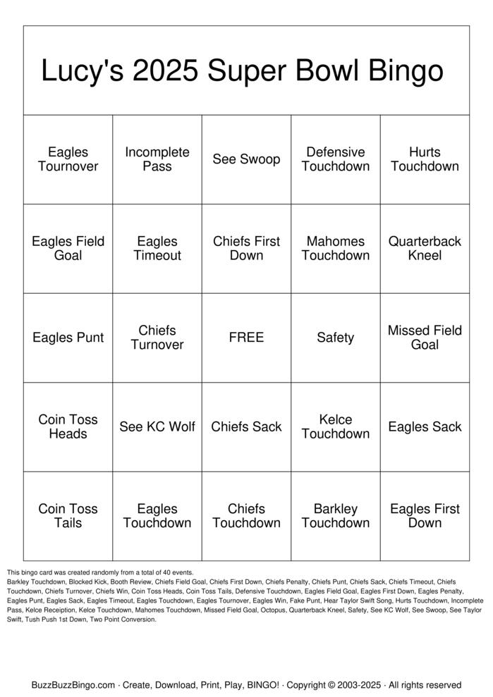 Lucy's Super Bowl Bingo 2025 Bingo Cards to Download, Print and Customize!