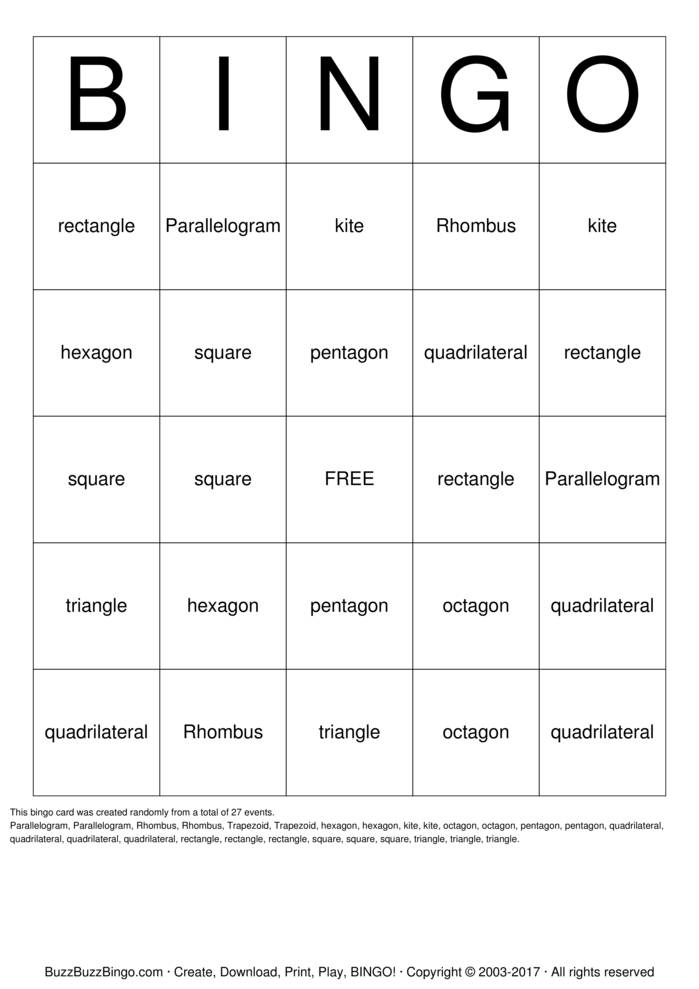 Polygon and Quadrilateral Bingo Cards to Download, Print and Customize!