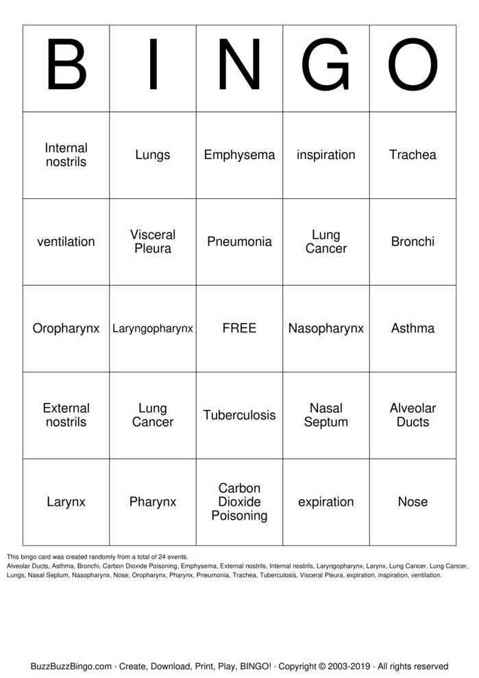 Respiratory System Bingo Cards to Download, Print and Customize!