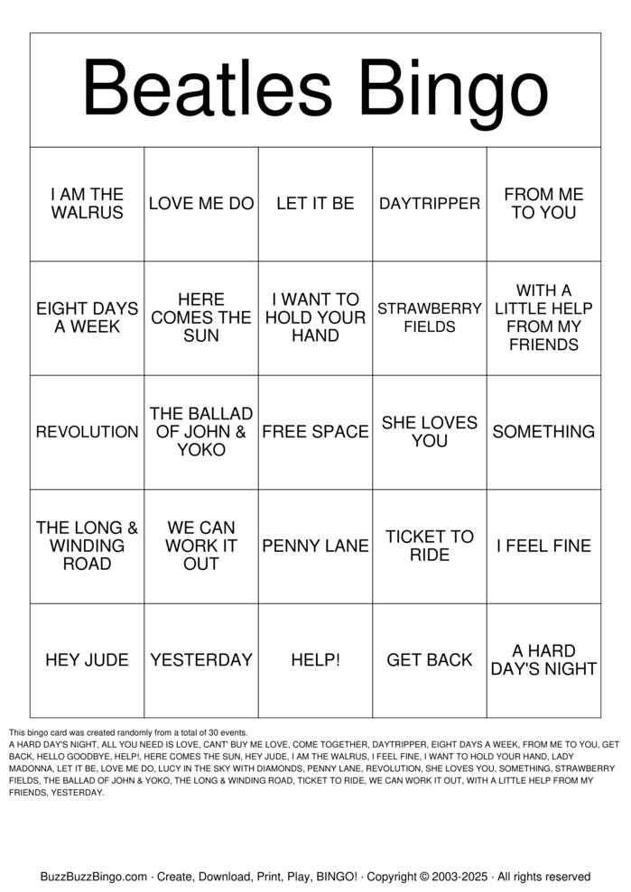 The Beatles Bingo Cards to Download, Print and Customize!