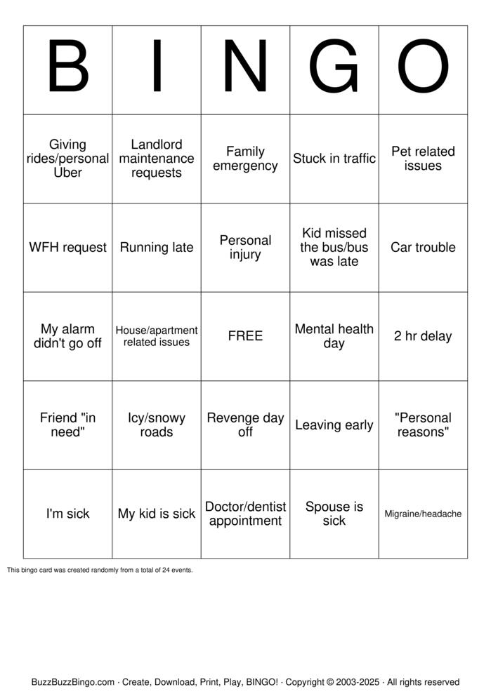 excuses to miss work Bingo Cards to Download, Print and Customize!