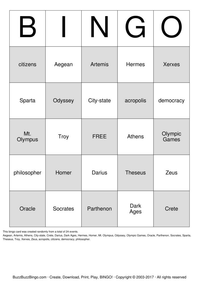 Ancient Greece Bingo Cards to Download, Print and Customize!