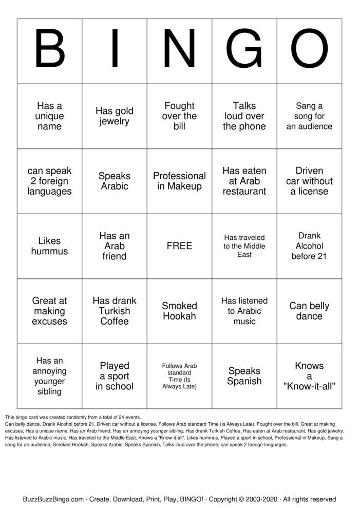 Arab Bingo Bingo Cards to Download, Print and Customize!