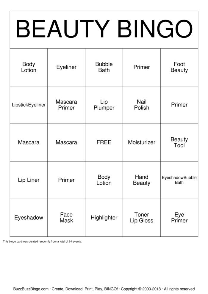 BEAUTY Bingo Cards to Download, Print and Customize!