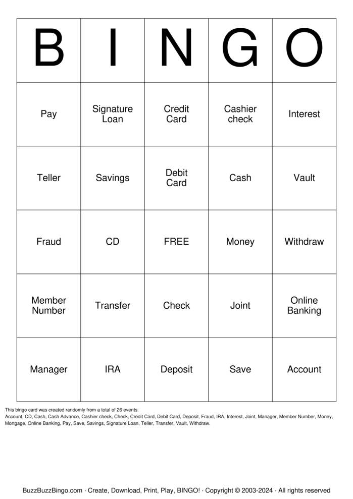 Bank Bingo Cards to Download, Print and Customize!