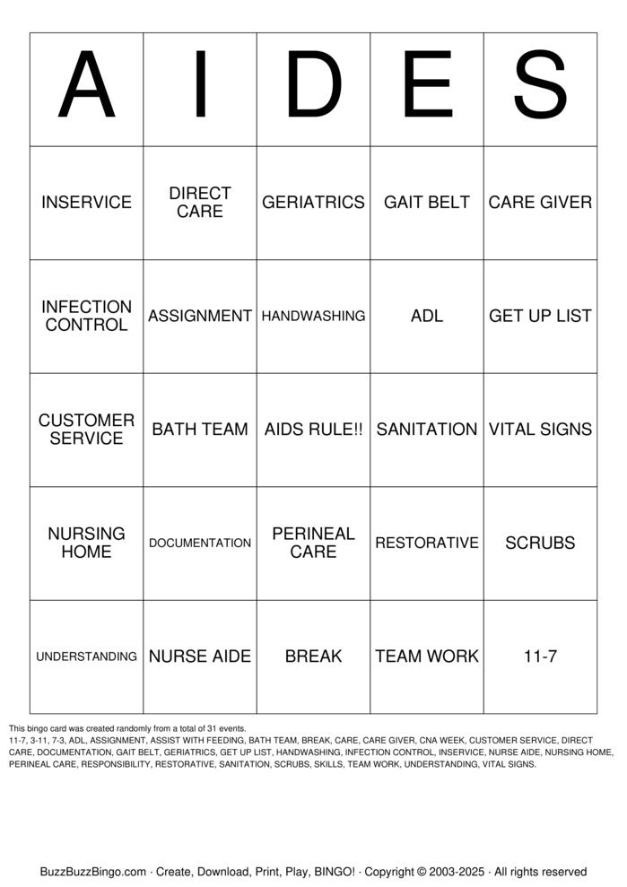 CNA Bingo Cards to Download, Print and Customize!
