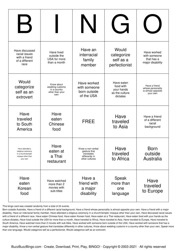 Cultural Diversity Bingo Cards to Download, Print and Customize!