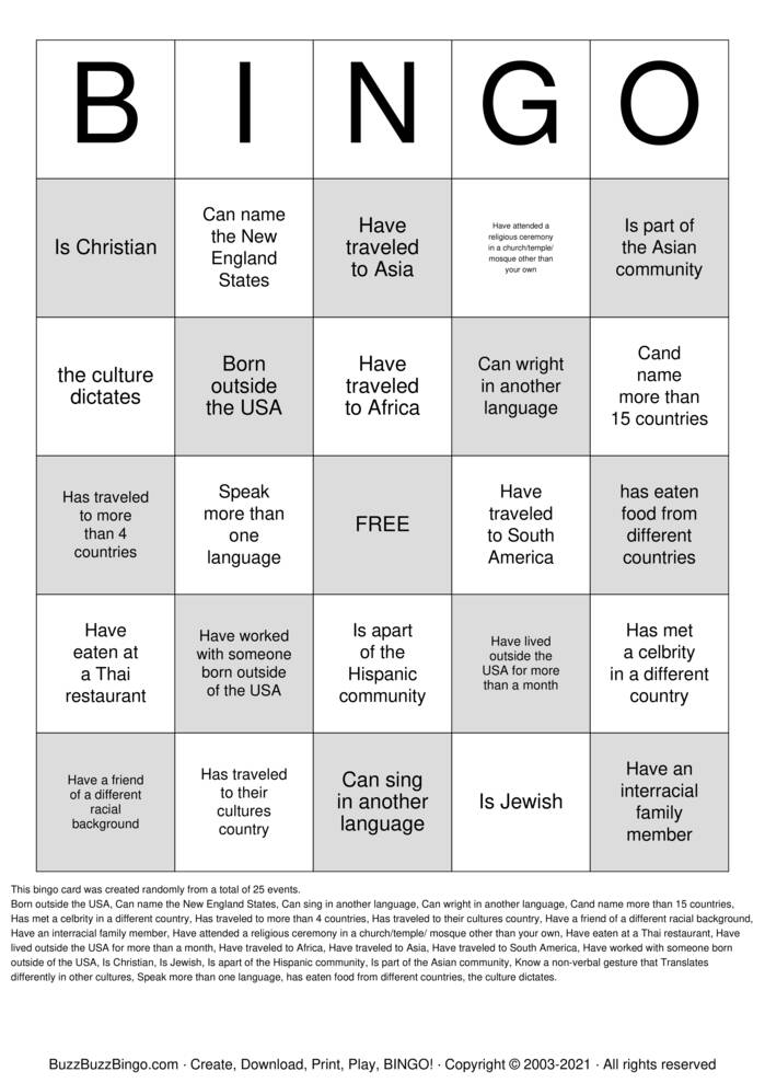Cultural Diversity Bingo Cards to Download, Print and Customize!