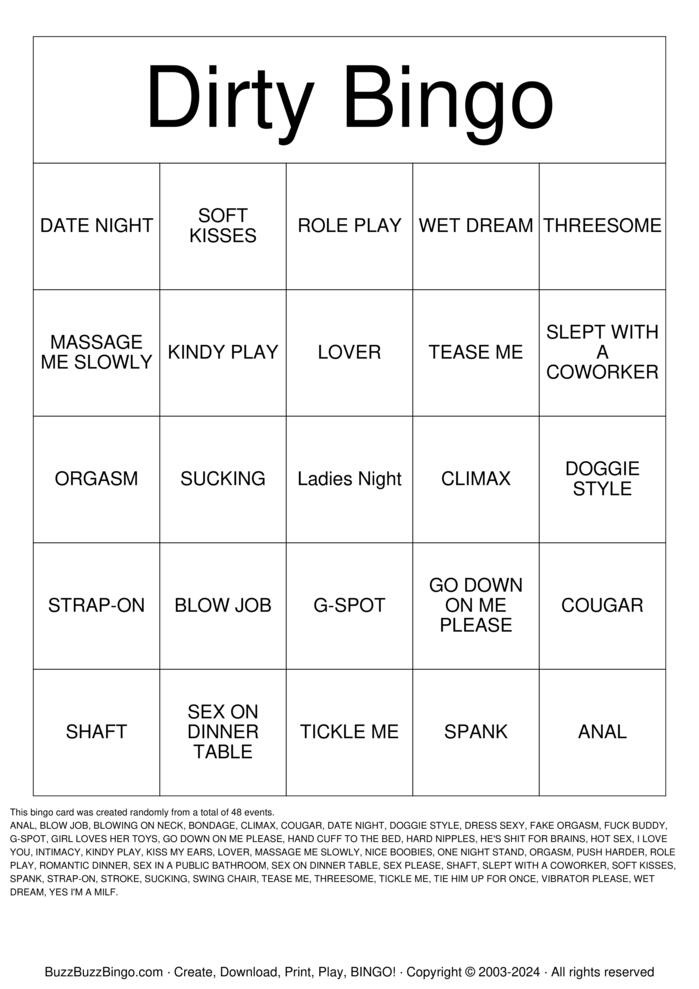 DIRTY BINGO Bingo Cards to Download, Print and Customize!