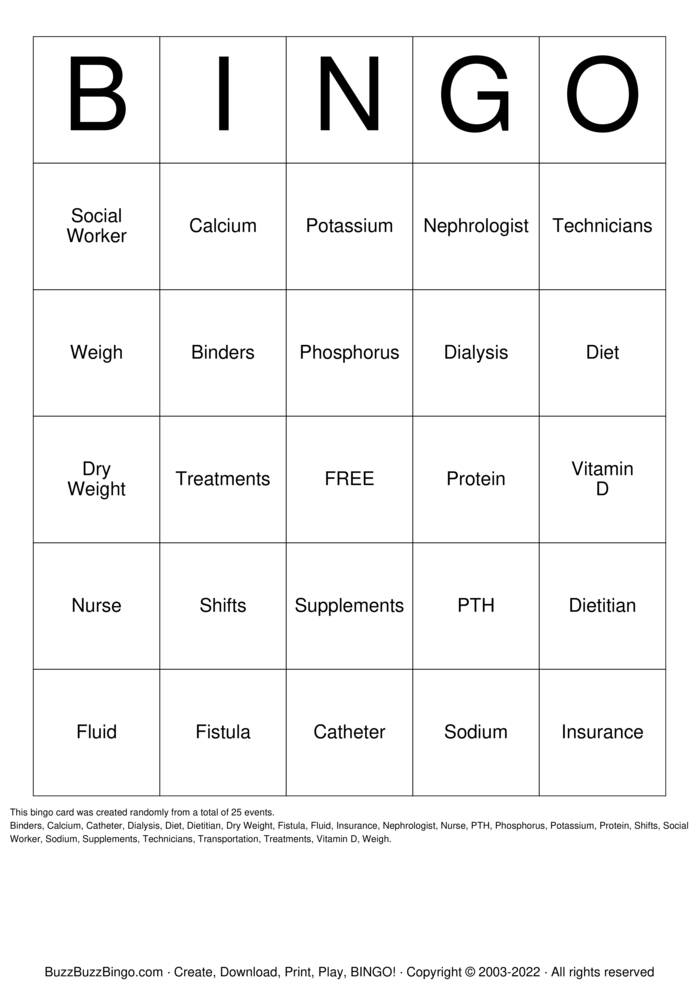 Dialysis Bingo Cards to Download, Print and Customize!