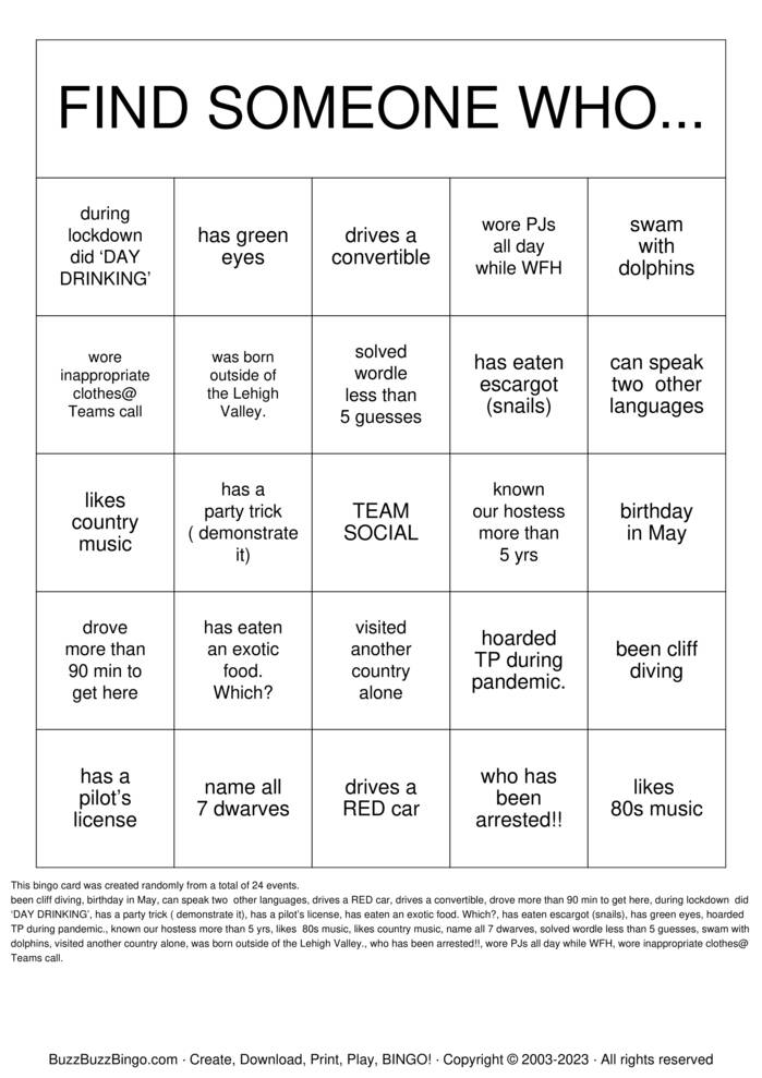 FIND SOMEONE WHO Bingo Cards to Download, Print and Customize!