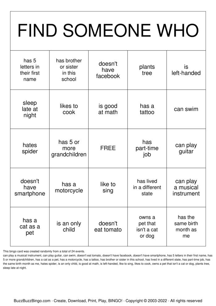 Find Someone Who Bingo Cards to Download, Print and Customize!
