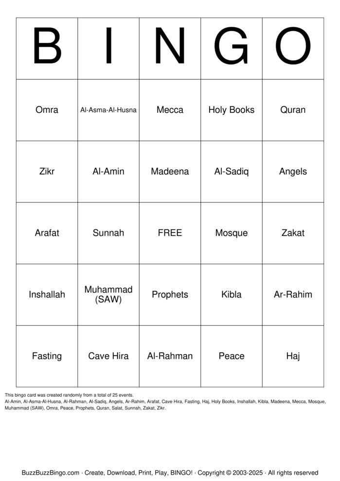 Islamic Bingo Cards to Download, Print and Customize!