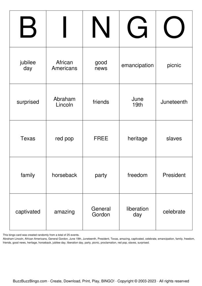 Juneteenth Bingo Cards to Download, Print and Customize!