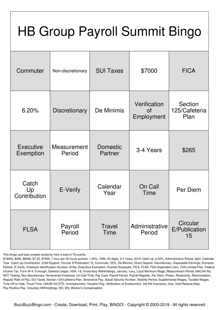 PAYROLL Bingo Cards to Download, Print and Customize!