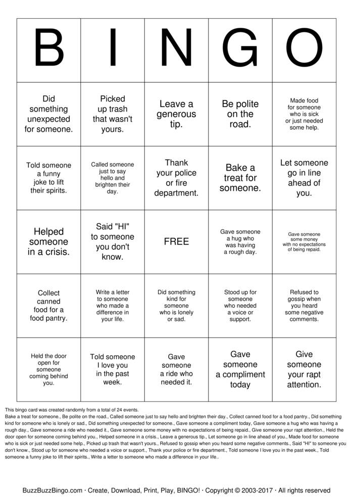 Random Acts of Kindness Bingo Bingo Cards to Download, Print and Customize!