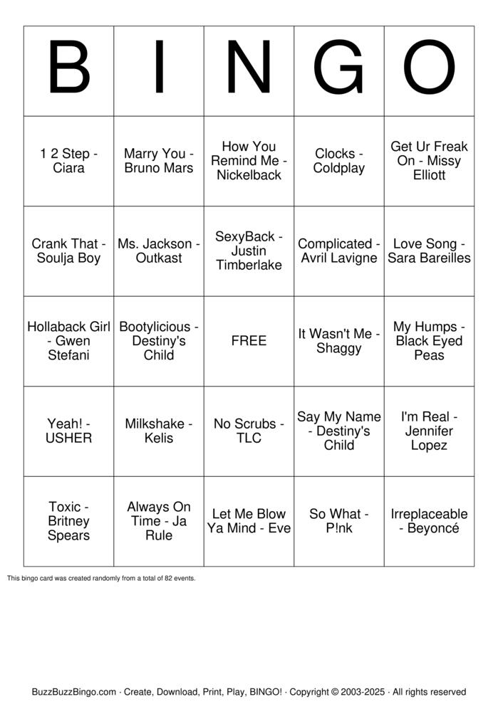 Singo 2000s Music Bingo Cards to Download, Print and Customize!