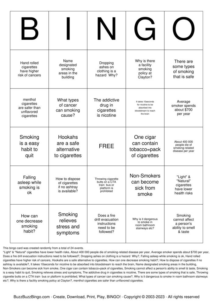 Smoking Safety Bingo Cards to Download, Print and Customize!