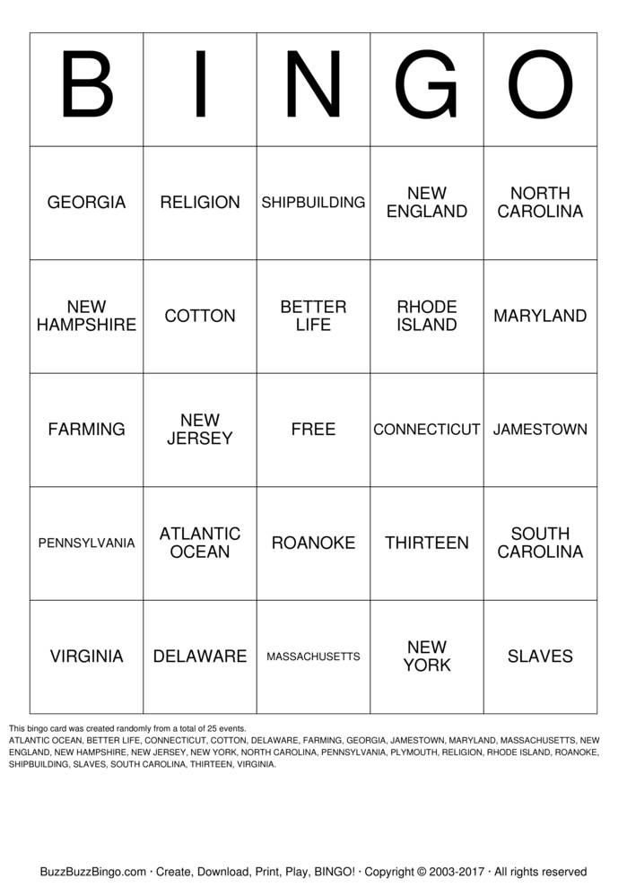13 Colonies Bingo Cards to Download, Print and Customize!