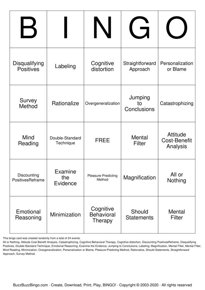 Cognitive Distortions Bingo Cards to Download, Print and Customize!