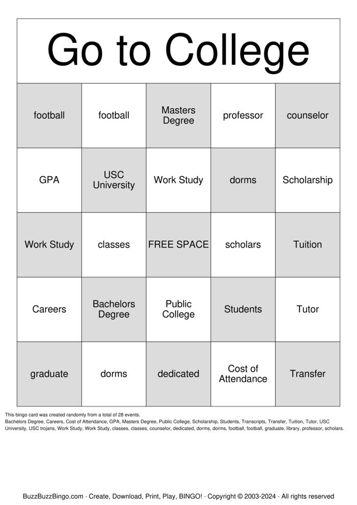 College Bingo Cards to Download, Print and Customize!