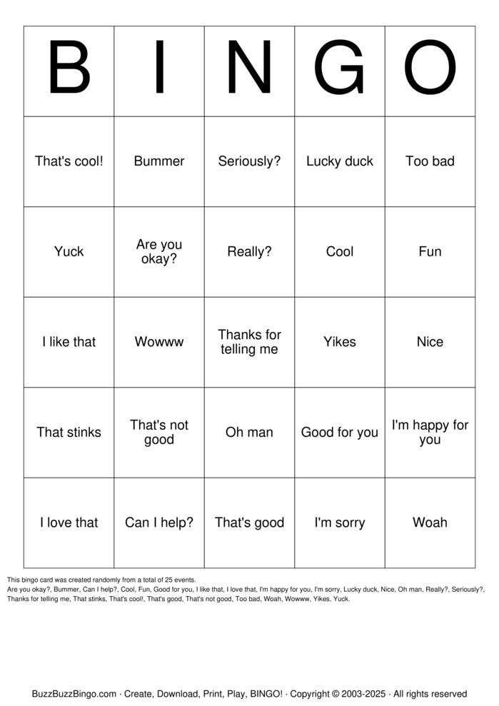 Comments Bingo Cards to Download, Print and Customize!