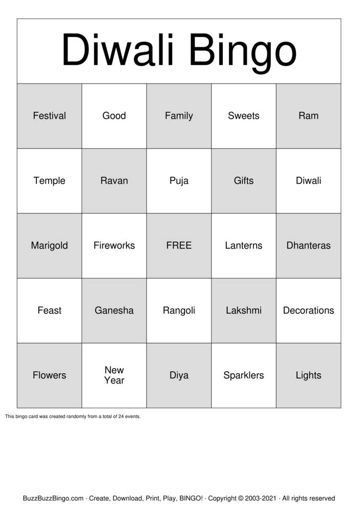 Diwali Bingo Bingo Cards to Download, Print and Customize!