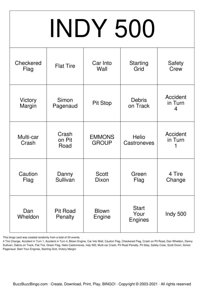 Indy 500 Bingo Cards to Download, Print and Customize!