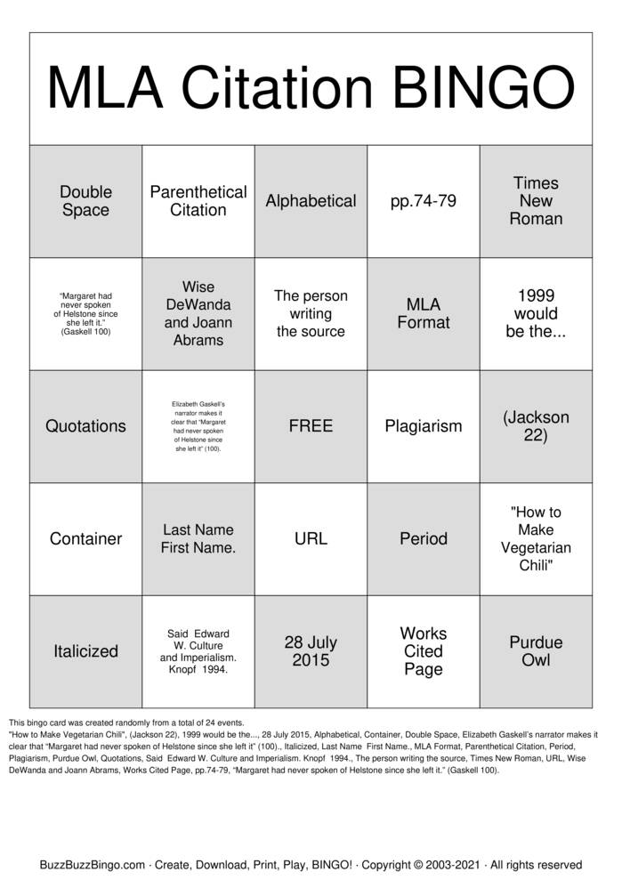 MLA Citation Bingo Cards to Download, Print and Customize!