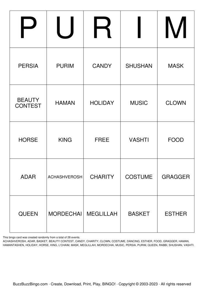 PURIM Bingo Cards to Download, Print and Customize!