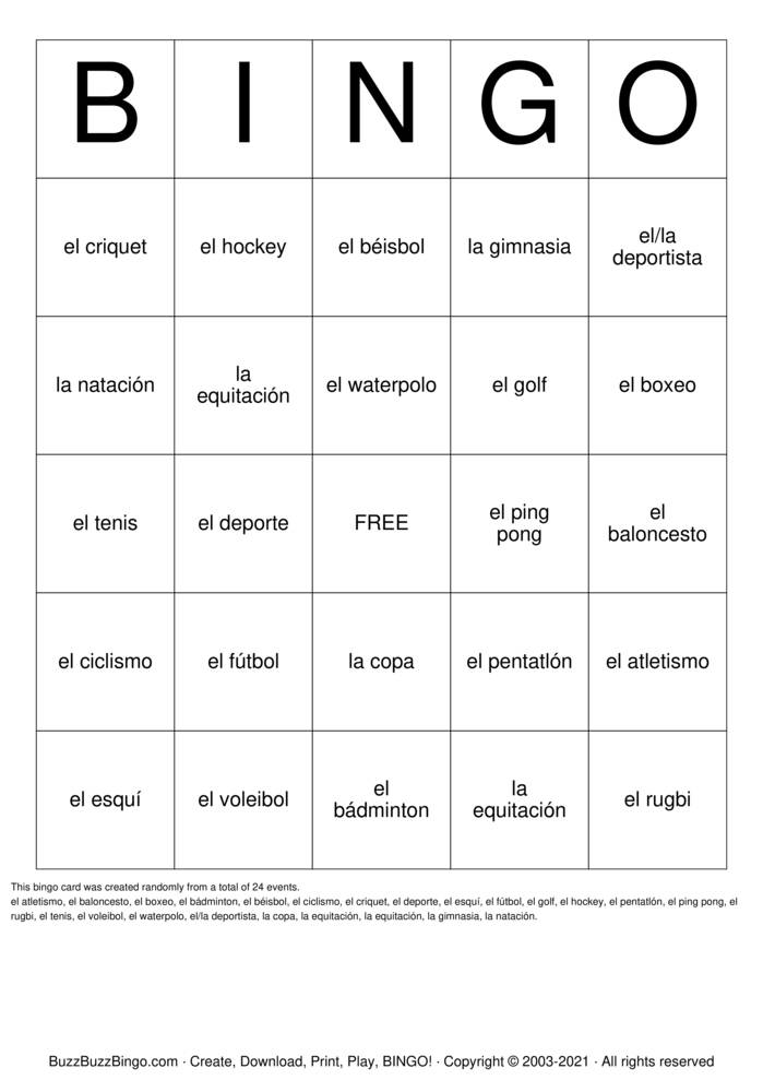 Spanish Sports Bingo Cards to Download, Print and Customize!