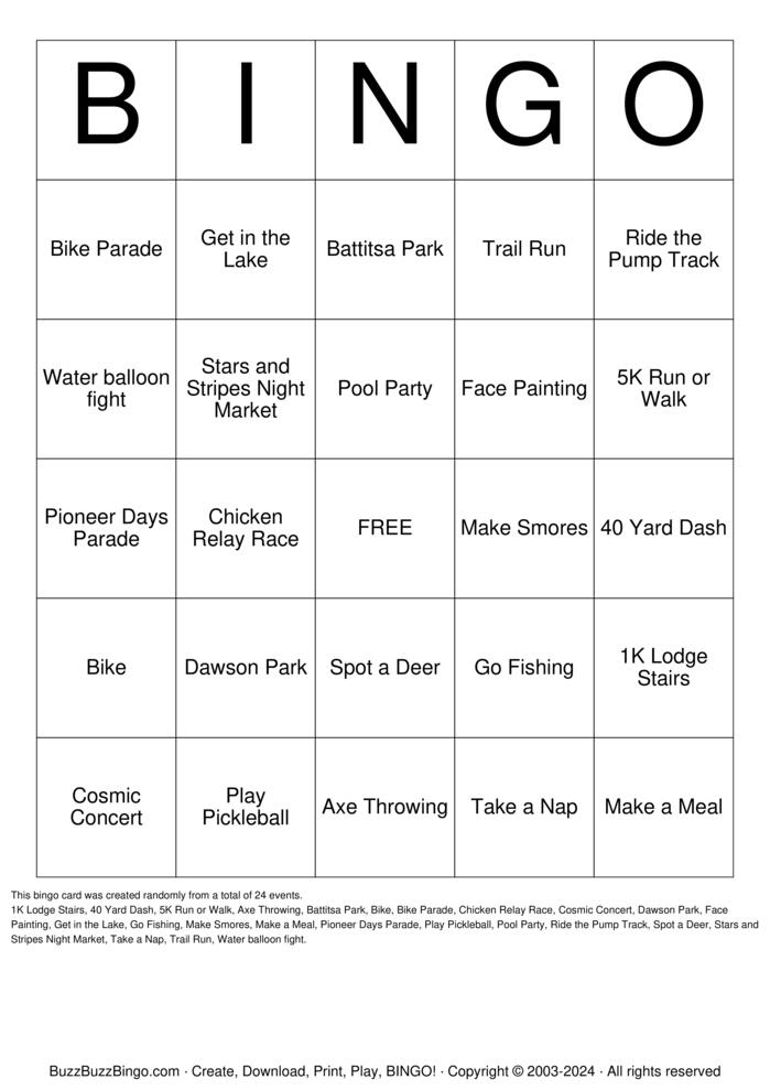 Suncadia Field Days Bingo Cards to Download, Print and Customize!