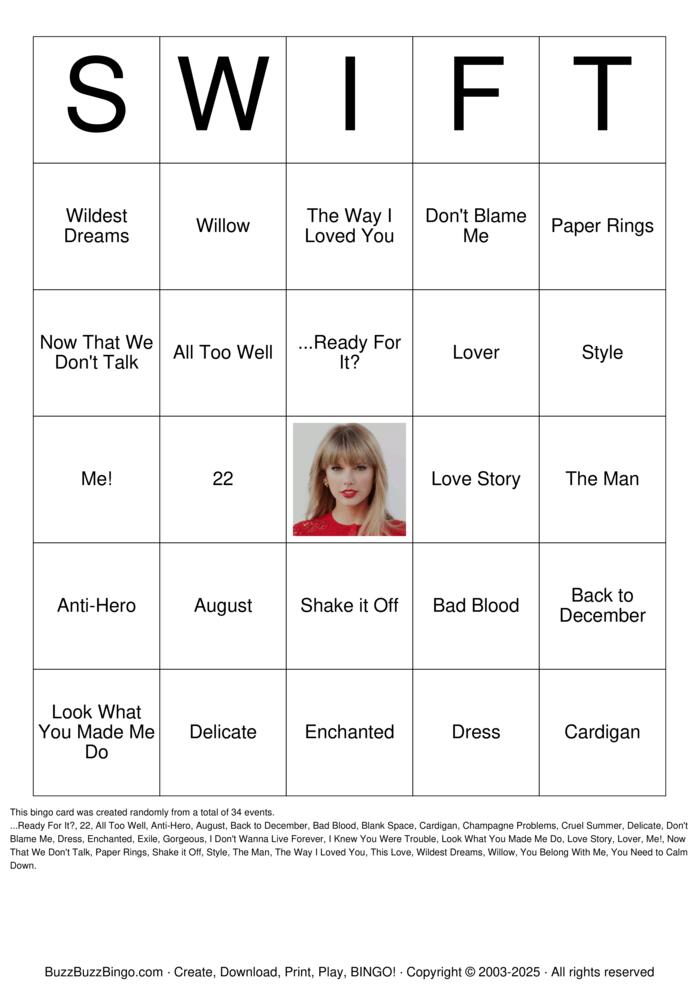 Taylor Swift Lover Bingo Cards to Download, Print and Customize!