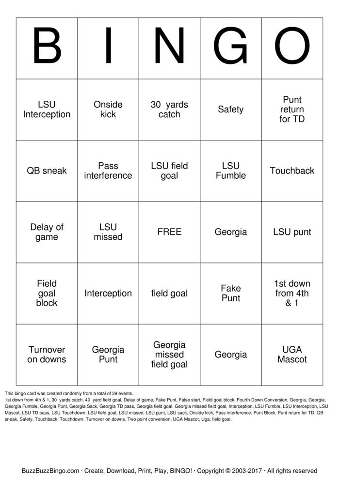 UGA vs. Samford Bingo Cards to Download, Print and Customize!