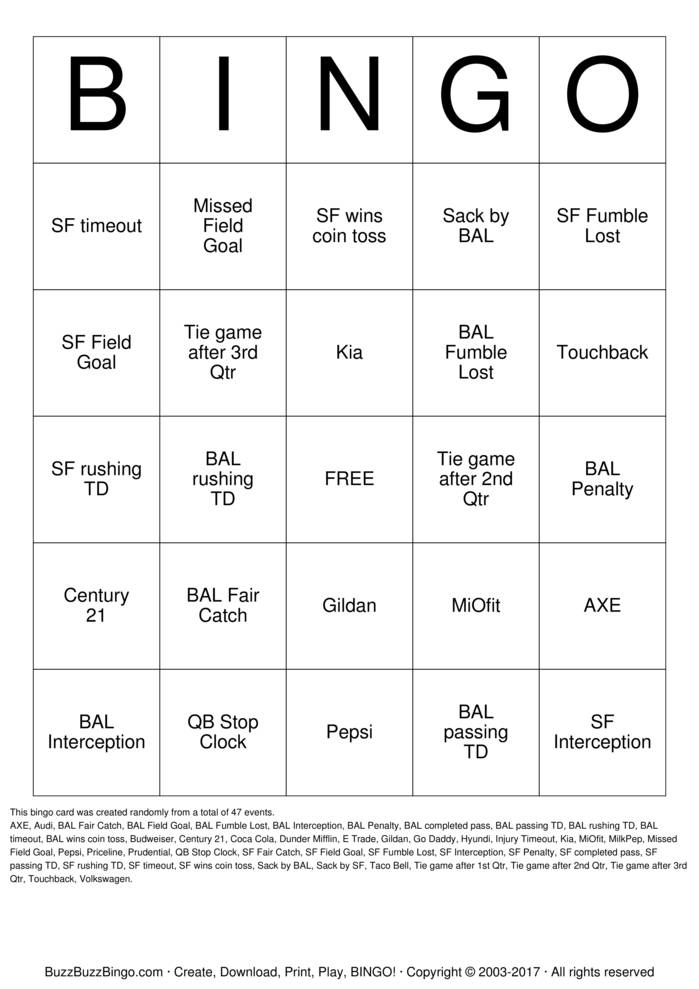 2013 Superbowl BAL vs SF Bingo Cards to Download, Print and Customize!