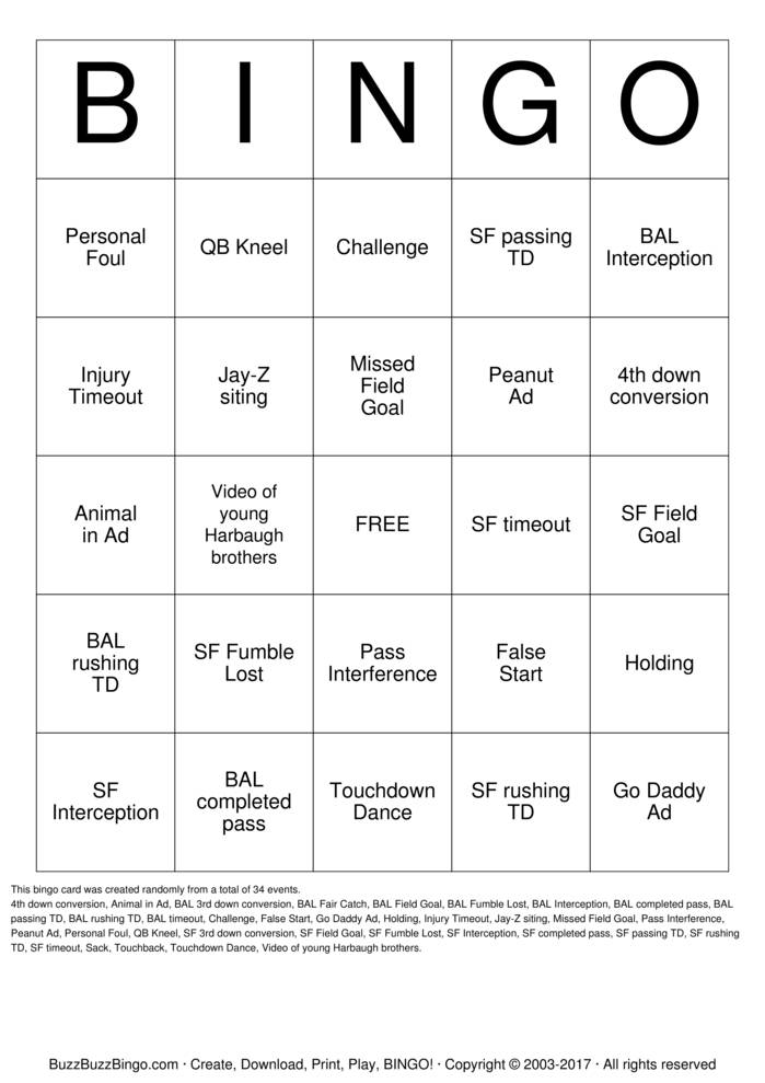 2013 Superbowl BAL vs SF Bingo Cards to Download, Print and Customize!