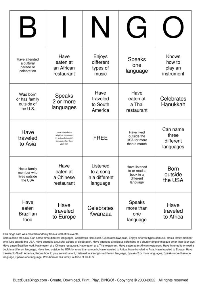Cultural Diversity Bingo Cards to Download, Print and Customize!