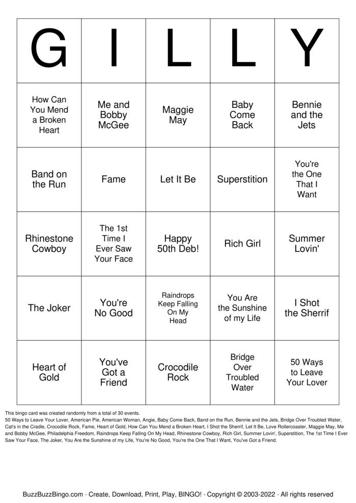 GILLY Bingo Cards to Download, Print and Customize!