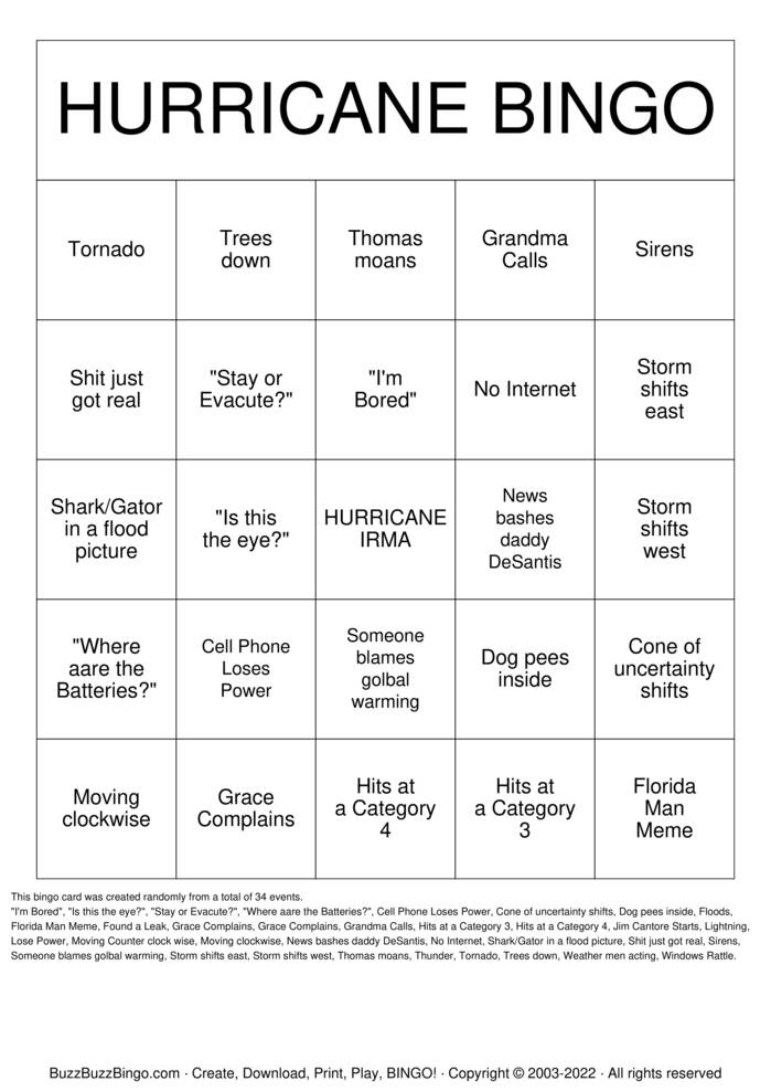 HURRICANE IAN BINGO Bingo Cards to Download, Print and Customize!