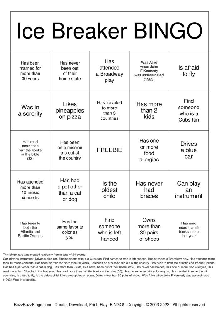 ICEBREAKER BINGO Bingo Cards to Download, Print and Customize!