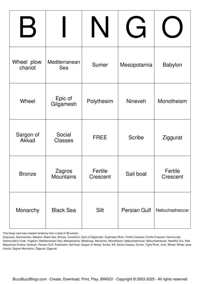 Mesopotamia Bingo Cards to Download, Print and Customize!