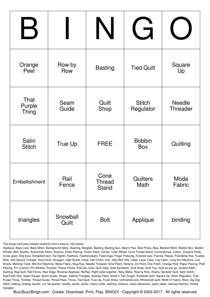 QUILT Bingo Cards to Download, Print and Customize!