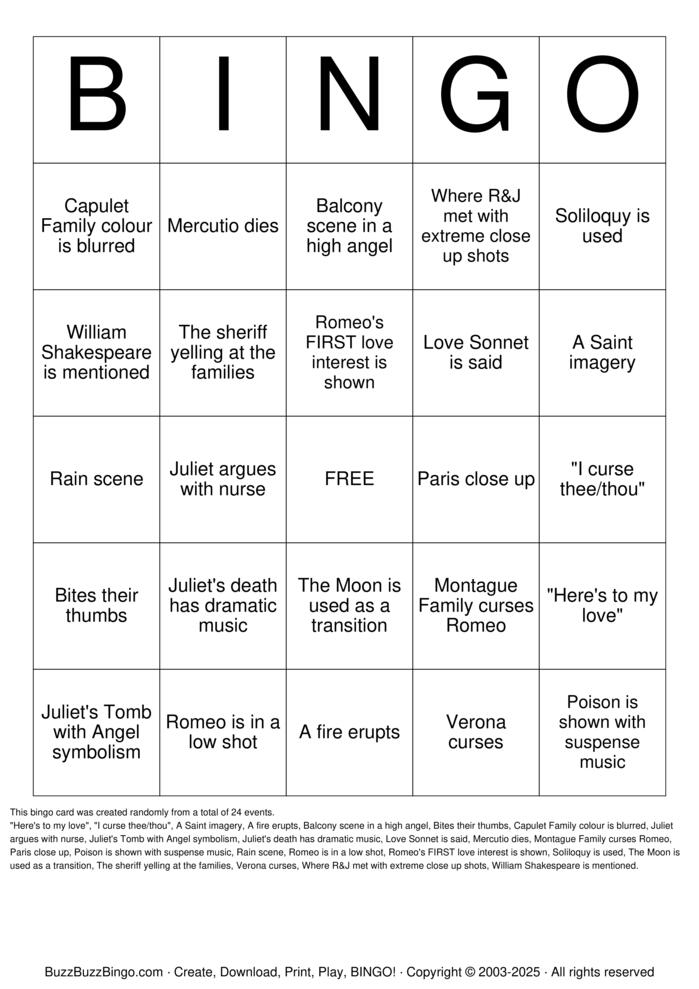 Romeo and Juliet Bingo Cards to Download, Print and Customize!