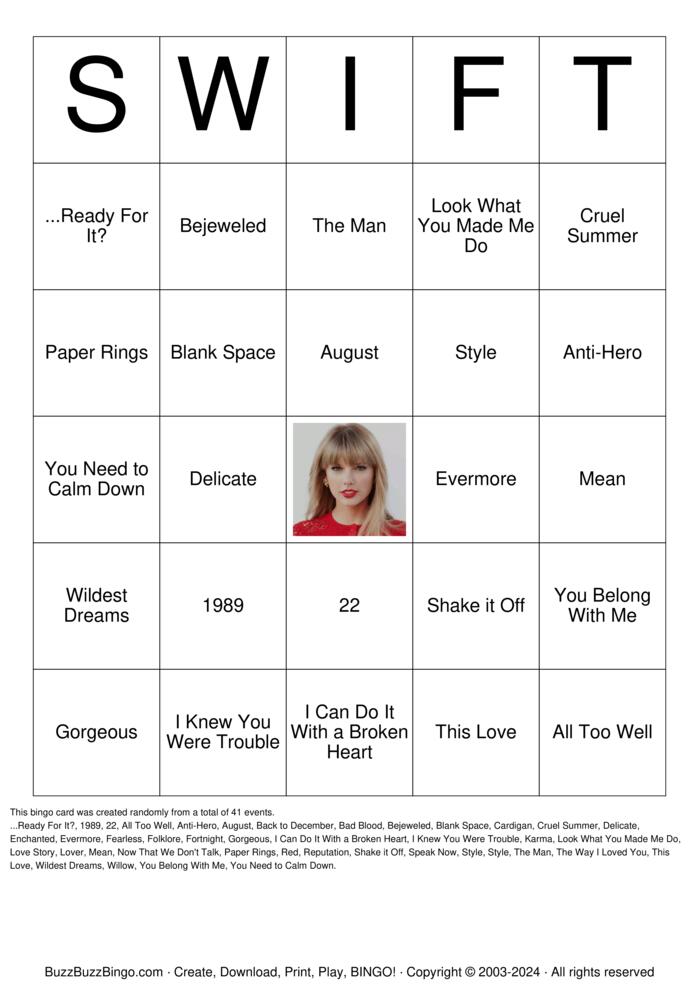 Taylor Swift Songs Bingo Cards to Download, Print and Customize!