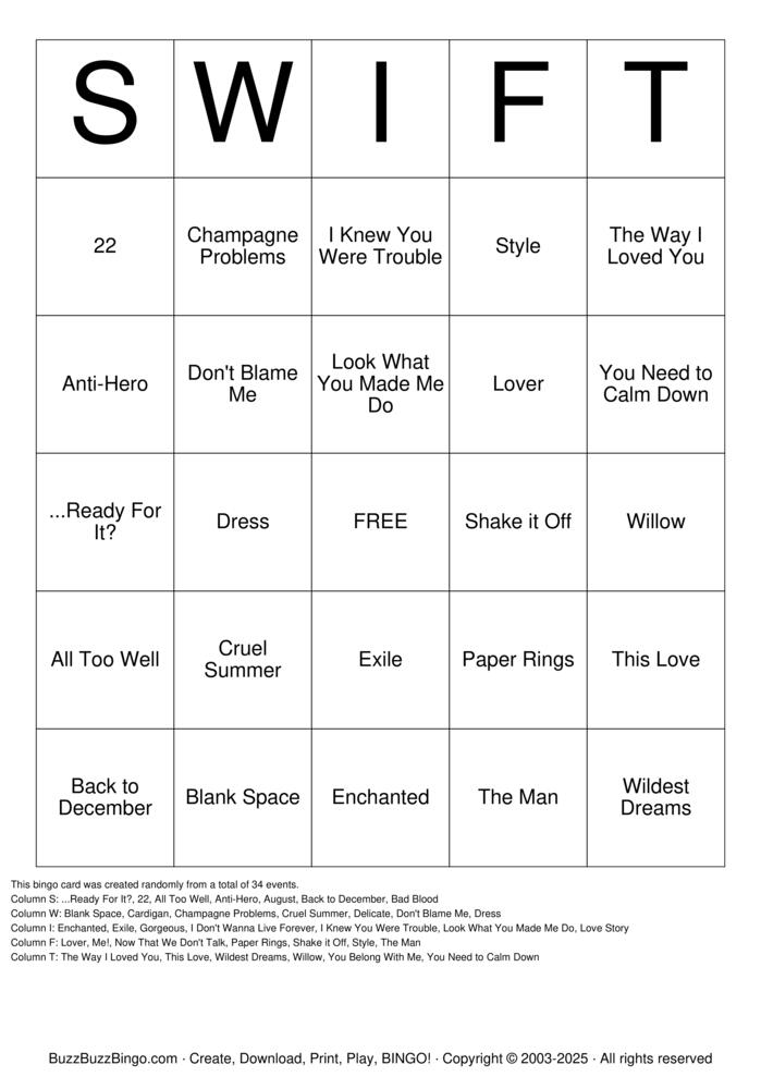 Taylor Swift Songs Bingo Cards to Download, Print and Customize!
