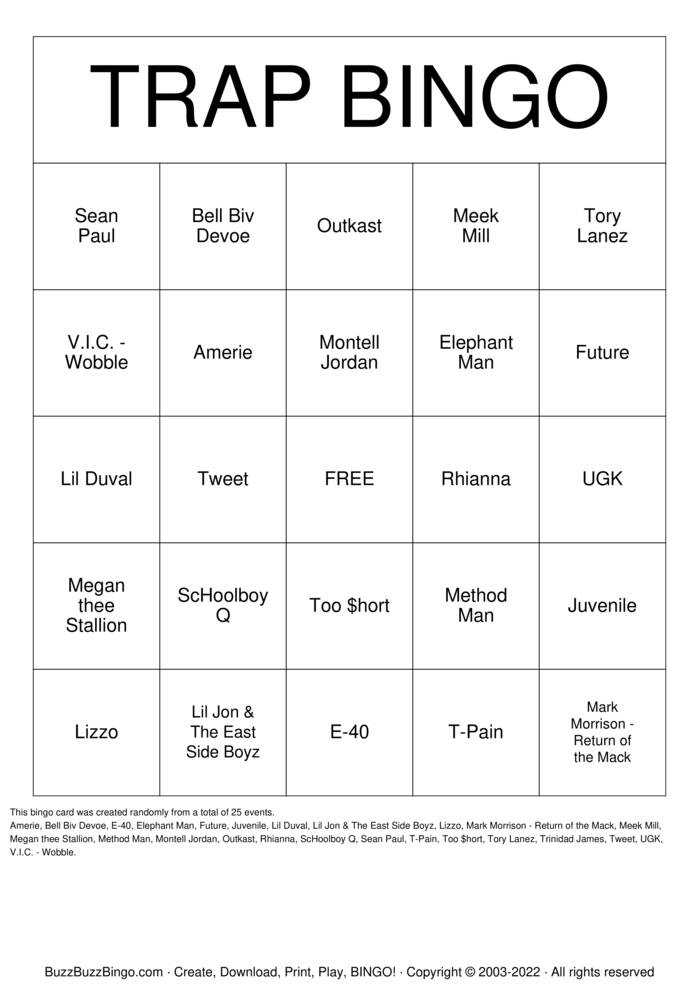 Trap BINGO Bingo Cards to Download, Print and Customize!