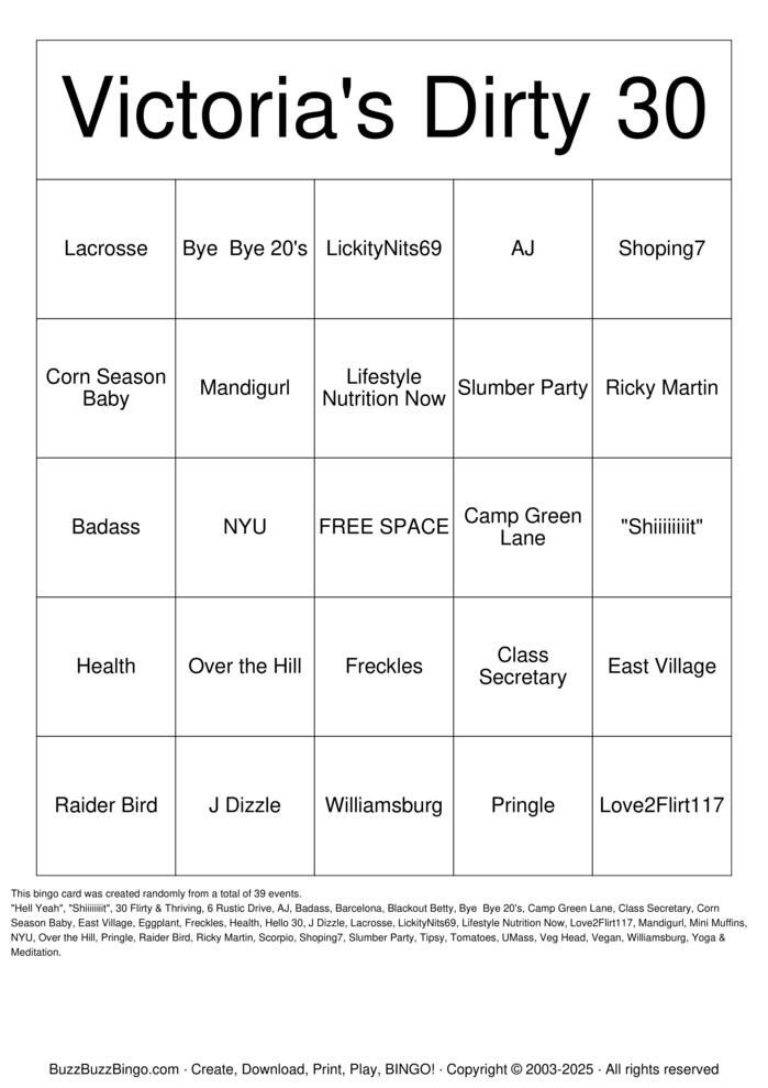 Victoria's 30th Birthday Bingo Game Bingo Cards to Download, Print and ...