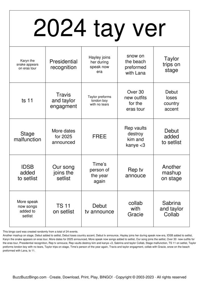 2024, taylors version Bingo Cards to Download, Print and Customize!
