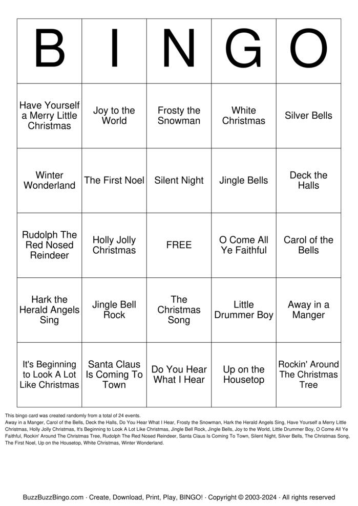 Christmas Songs Bingo Cards to Download, Print and Customize!
