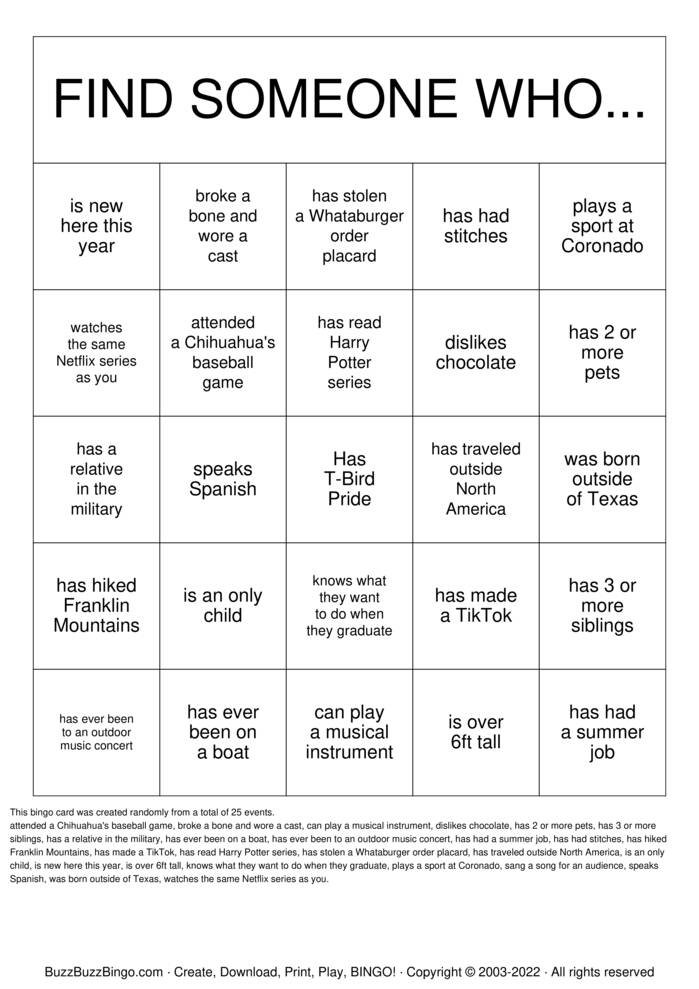 Find Someone Who... Bingo Cards to Download, Print and Customize!